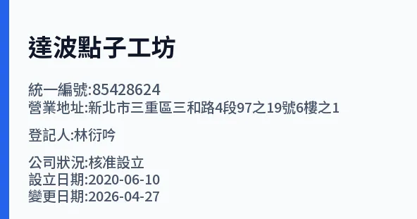 達波點子工坊的照片-統編 85428624(新北市) 公司登記資料與營業項目詳細圖表