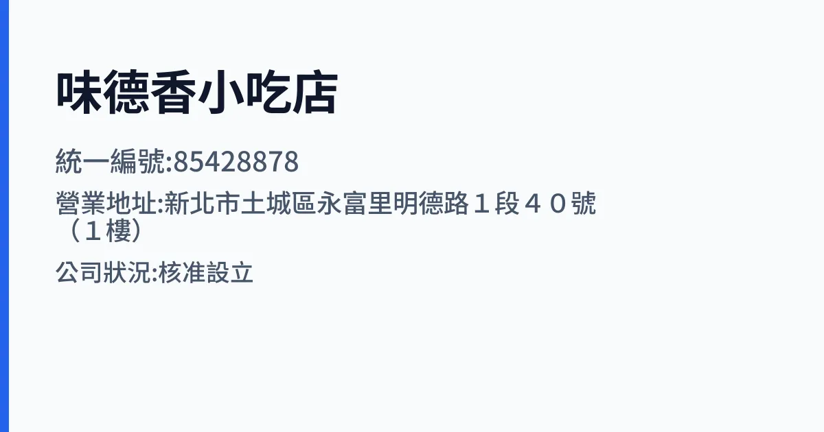 味德香小吃店 - 統編 85428878(新北市) 公司登記資料與營業項目詳細圖表