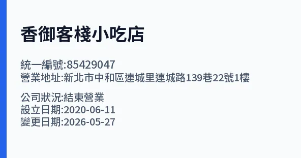 香御客棧小吃店的照片-統編 85429047(新北市) 公司登記資料與營業項目詳細圖表