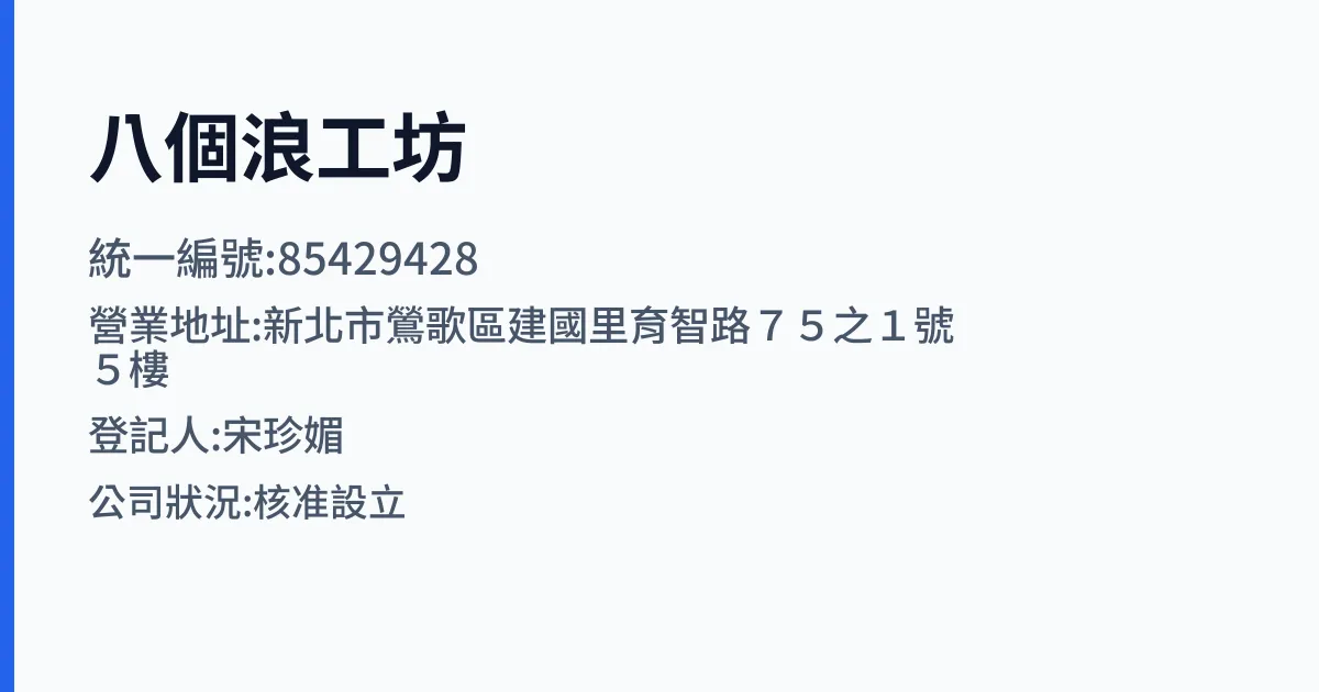 八個浪工坊 - 統編 85429428(新北市) 公司登記資料與營業項目詳細圖表