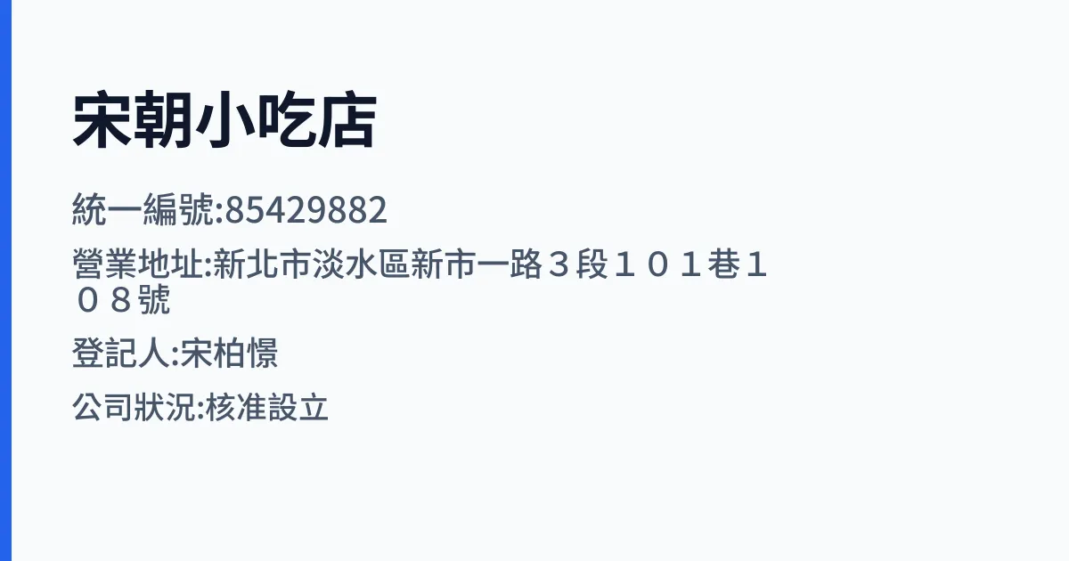 宋朝小吃店 - 統編 85429882(新北市) 公司登記資料與營業項目詳細圖表