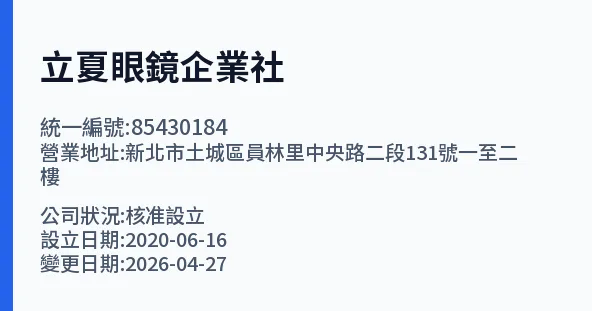 立夏眼鏡企業社的照片-統編 85430184(新北市) 公司登記資料與營業項目詳細圖表