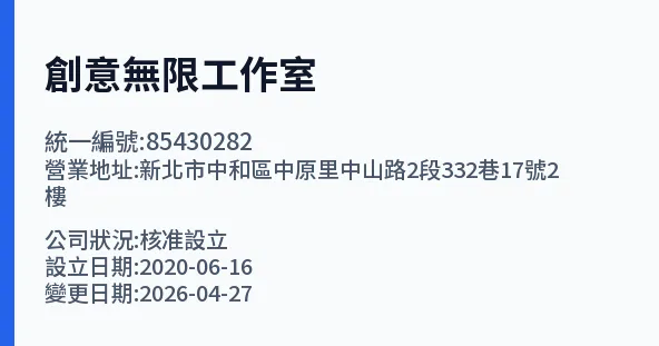 創意無限工作室的照片-統編 85430282(新北市) 公司登記資料與營業項目詳細圖表