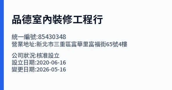 品德室內裝修工程行的照片-統編 85430348(新北市) 公司登記資料與營業項目詳細圖表
