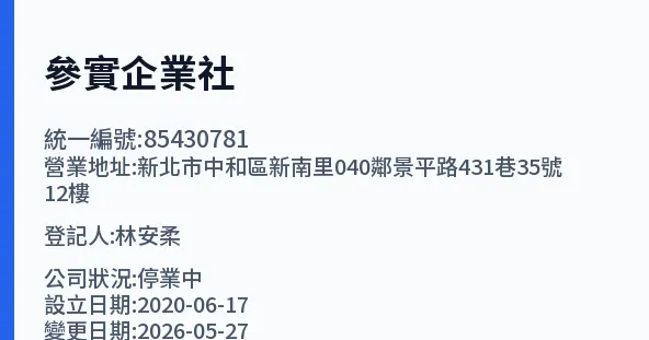 參實企業社的照片-統編 85430781(新北市) 公司登記資料與營業項目詳細圖表