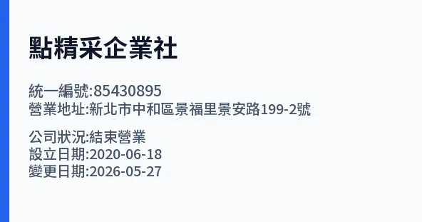 點精采企業社的照片-統編 85430895(新北市) 公司登記資料與營業項目詳細圖表