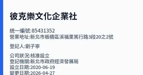 彼克樂文化企業社的照片-統編 85431352(新北市) 公司登記資料與營業項目詳細圖表