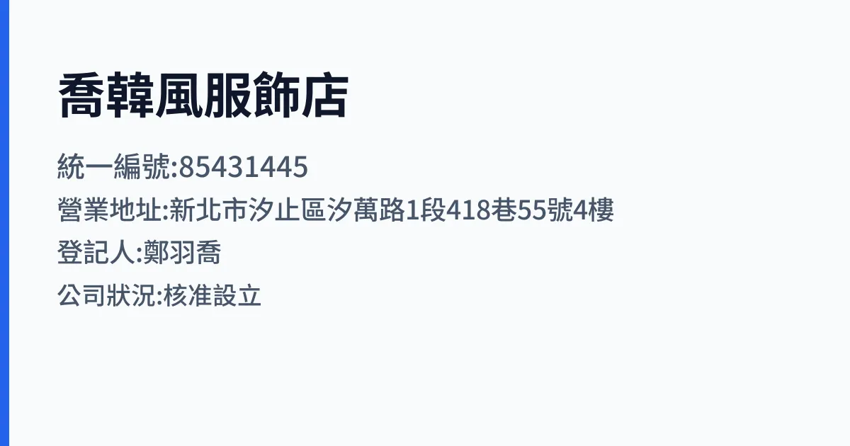 喬韓風服飾店 - 統編 85431445(新北市) 公司登記資料與營業項目詳細圖表