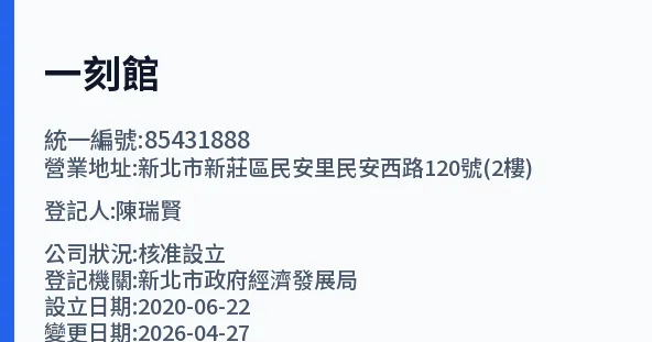 一刻館的照片-統編 85431888(新北市) 公司登記資料與營業項目詳細圖表