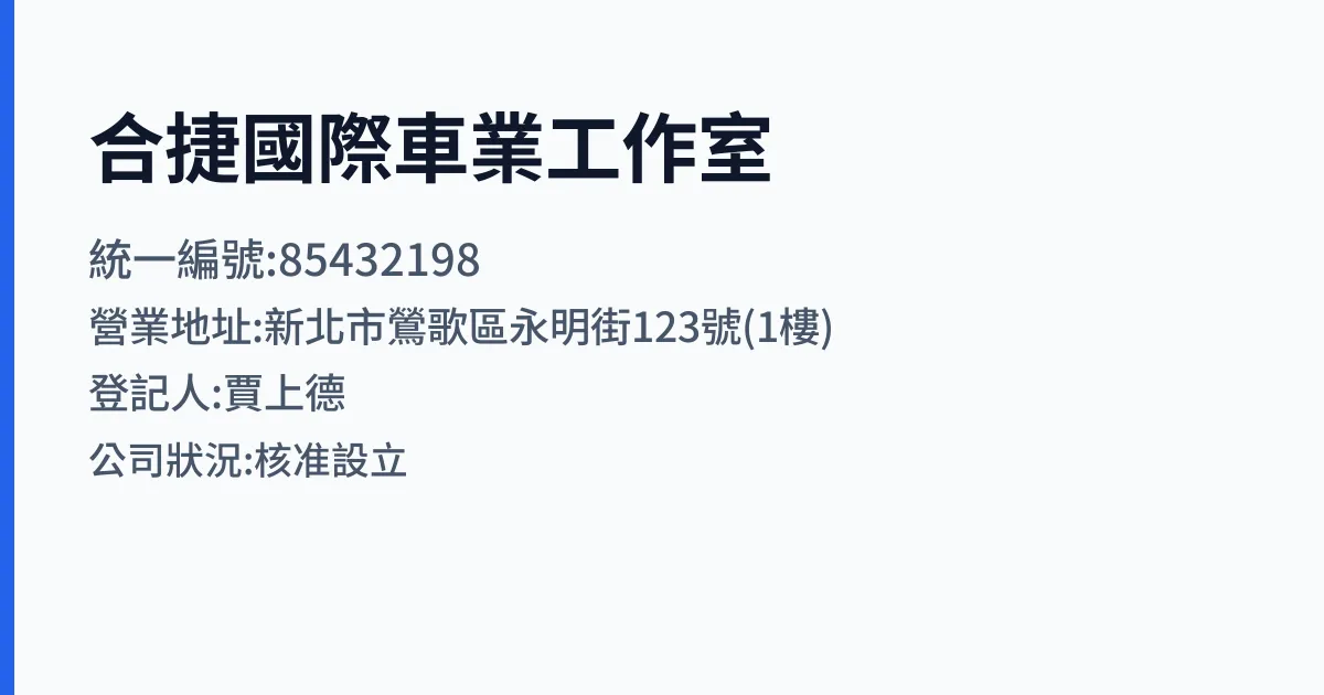 合捷國際車業工作室 - 統編 85432198(新北市) 公司登記資料與營業項目詳細圖表