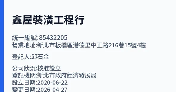 鑫屋裝潢工程行的照片-統編 85432205(新北市) 公司登記資料與營業項目詳細圖表