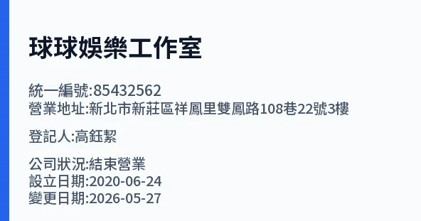 球球娛樂工作室的照片-統編 85432562(新北市) 公司登記資料與營業項目詳細圖表