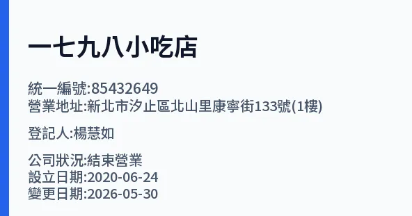 一七九八小吃店的照片-統編 85432649(新北市) 公司登記資料與營業項目詳細圖表