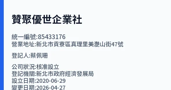 贊聚優世企業社的照片-統編 85433176(新北市) 公司登記資料與營業項目詳細圖表
