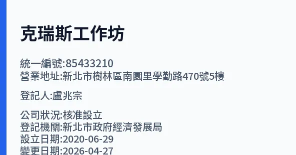 克瑞斯工作坊的照片-統編 85433210(新北市) 公司登記資料與營業項目詳細圖表