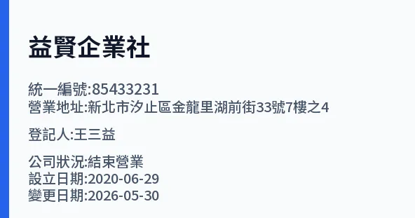 益賢企業社的照片-統編 85433231(新北市) 公司登記資料與營業項目詳細圖表