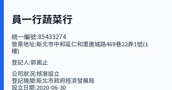 員一行蔬菜行的照片-統編 85433274(新北市) 公司登記資料與營業項目詳細圖表