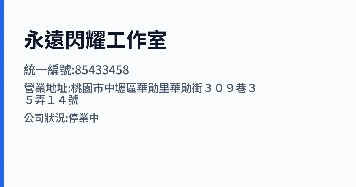 永遠閃耀工作室 - 統編 85433458(桃園市) 公司登記資料與營業項目詳細圖表