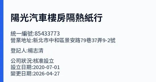 陽光汽車樓房隔熱紙行的照片-統編 85433773(新北市) 公司登記資料與營業項目詳細圖表