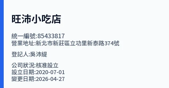 旺沛小吃店的照片-統編 85433817(新北市) 公司登記資料與營業項目詳細圖表