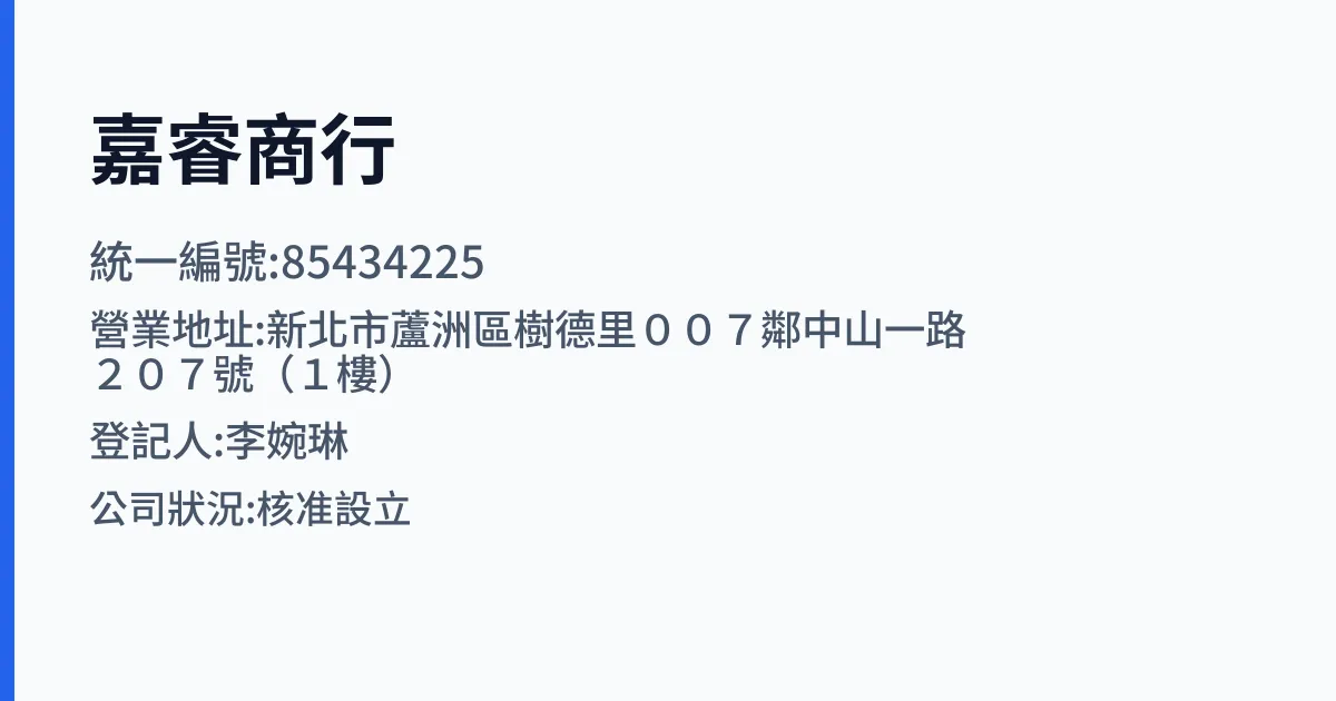 嘉睿商行 - 統編 85434225(新北市) 公司登記資料與營業項目詳細圖表