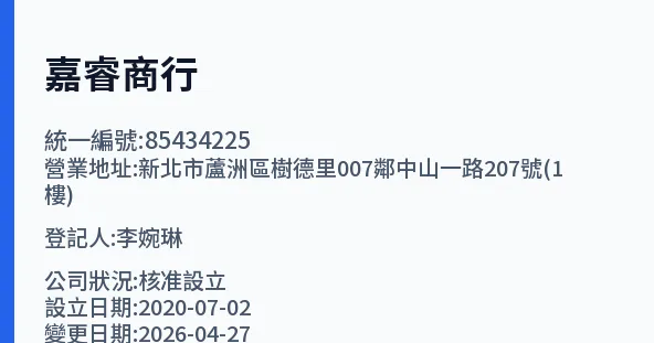 嘉睿商行的照片-統編 85434225(新北市) 公司登記資料與營業項目詳細圖表
