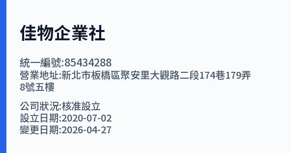 佳物企業社的照片-統編 85434288(新北市) 公司登記資料與營業項目詳細圖表