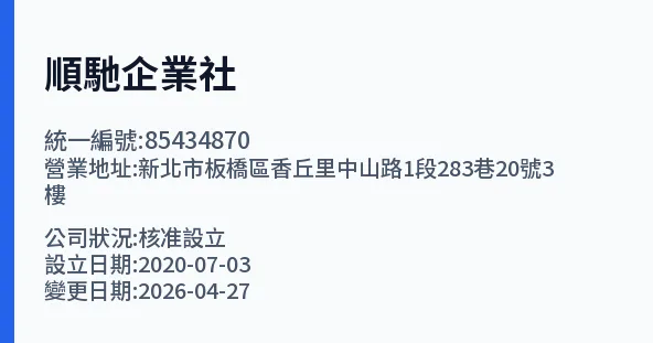 順馳企業社的照片-統編 85434870(新北市) 公司登記資料與營業項目詳細圖表