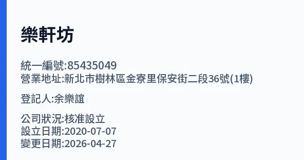 樂軒坊的照片-統編 85435049(新北市) 公司登記資料與營業項目詳細圖表