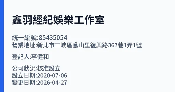 鑫羽經紀娛樂工作室的照片-統編 85435054(新北市) 公司登記資料與營業項目詳細圖表