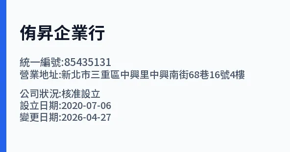 侑昇企業行的照片-統編 85435131(新北市) 公司登記資料與營業項目詳細圖表