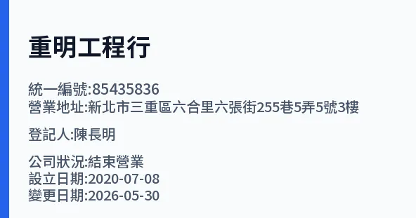 重明工程行的照片-統編 85435836(新北市) 公司登記資料與營業項目詳細圖表