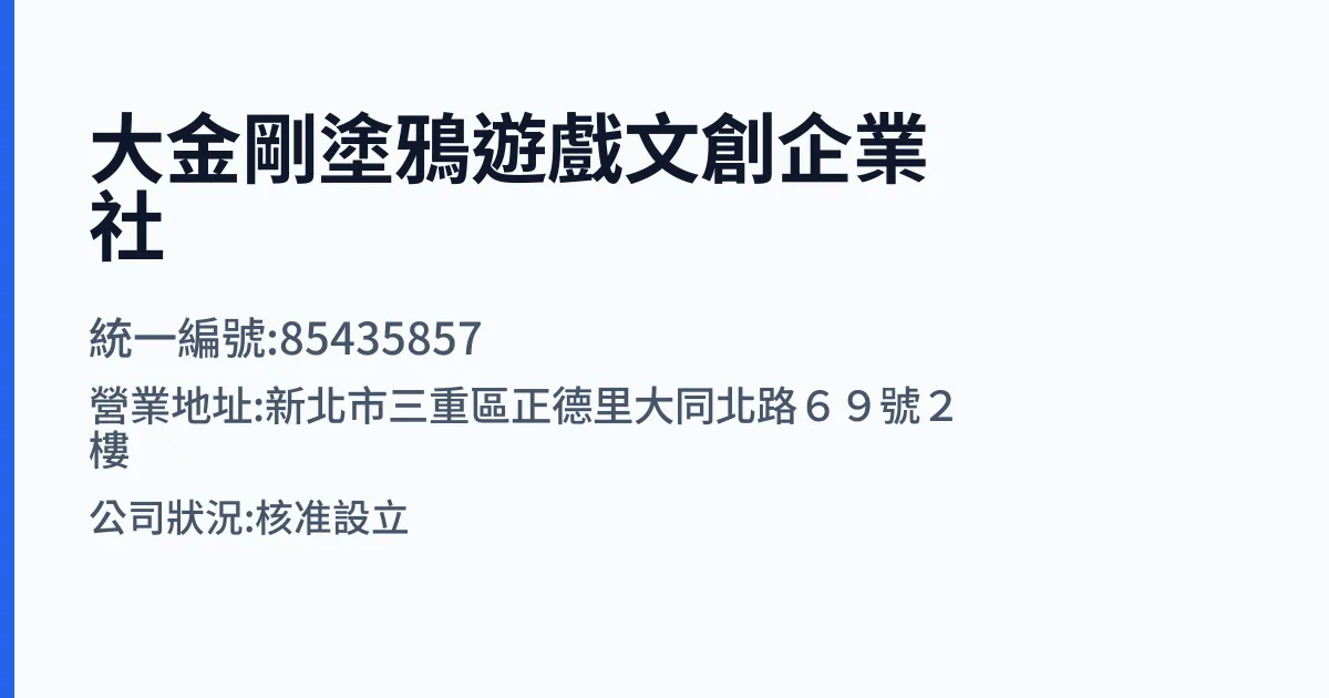 大金剛塗鴉遊戲文創企業社 - 統編 85435857(新北市) 公司登記資料與營業項目詳細圖表