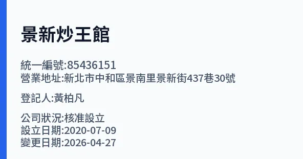 景新炒王館的照片-統編 85436151(新北市) 公司登記資料與營業項目詳細圖表