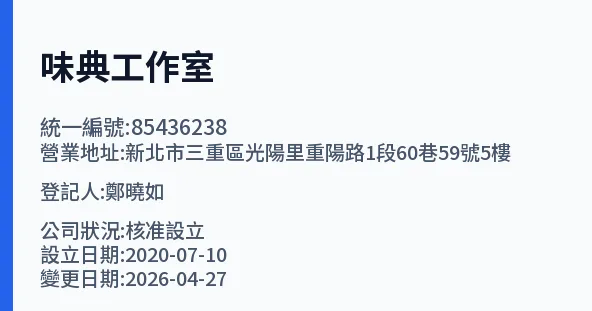 味典工作室的照片-統編 85436238(新北市) 公司登記資料與營業項目詳細圖表