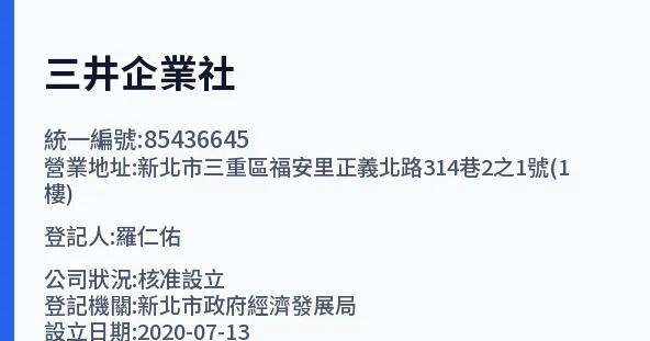 三井企業社的照片-統編 85436645(新北市) 公司登記資料與營業項目詳細圖表