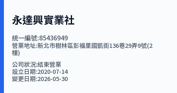 永達興實業社的照片-統編 85436949(新北市) 公司登記資料與營業項目詳細圖表