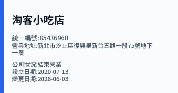 淘客小吃店的照片-統編 85436960(新北市) 公司登記資料與營業項目詳細圖表