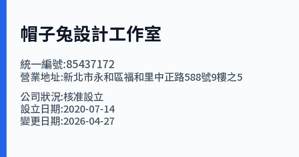 帽子兔設計工作室的照片-統編 85437172(新北市) 公司登記資料與營業項目詳細圖表