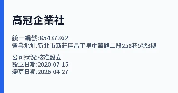 高冠企業社的照片-統編 85437362(新北市) 公司登記資料與營業項目詳細圖表