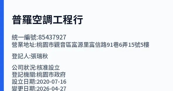 普羅空調工程行的照片-統編 85437927(桃園市) 公司登記資料與營業項目詳細圖表