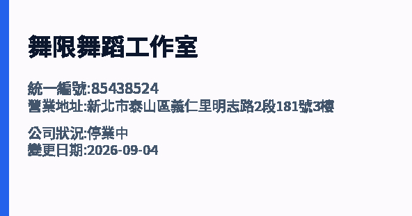 舞限舞蹈工作室的照片-統編 85438524(新北市) 公司登記資料與營業項目詳細圖表