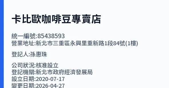 卡比歐咖啡豆專賣店的照片-統編 85438593(新北市) 公司登記資料與營業項目詳細圖表