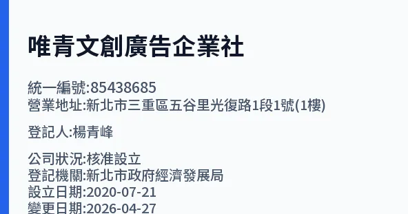 唯青文創廣告企業社的照片-統編 85438685(新北市) 公司登記資料與營業項目詳細圖表