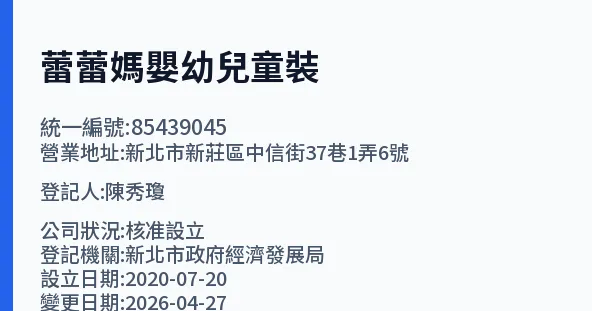 蕾蕾媽嬰幼兒童裝的照片-統編 85439045(新北市) 公司登記資料與營業項目詳細圖表