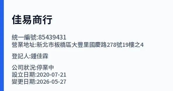 佳易商行的照片-統編 85439431(新北市) 公司登記資料與營業項目詳細圖表