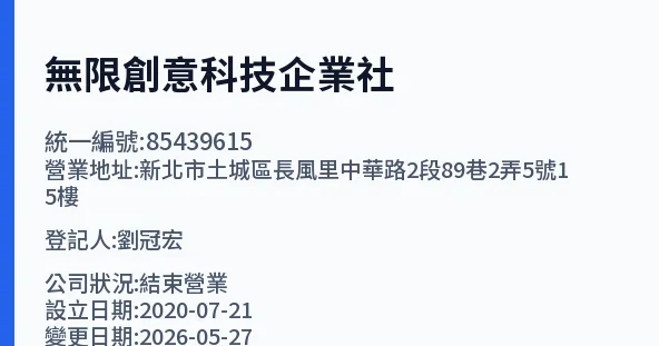 無限創意科技企業社的照片-統編 85439615(新北市) 公司登記資料與營業項目詳細圖表