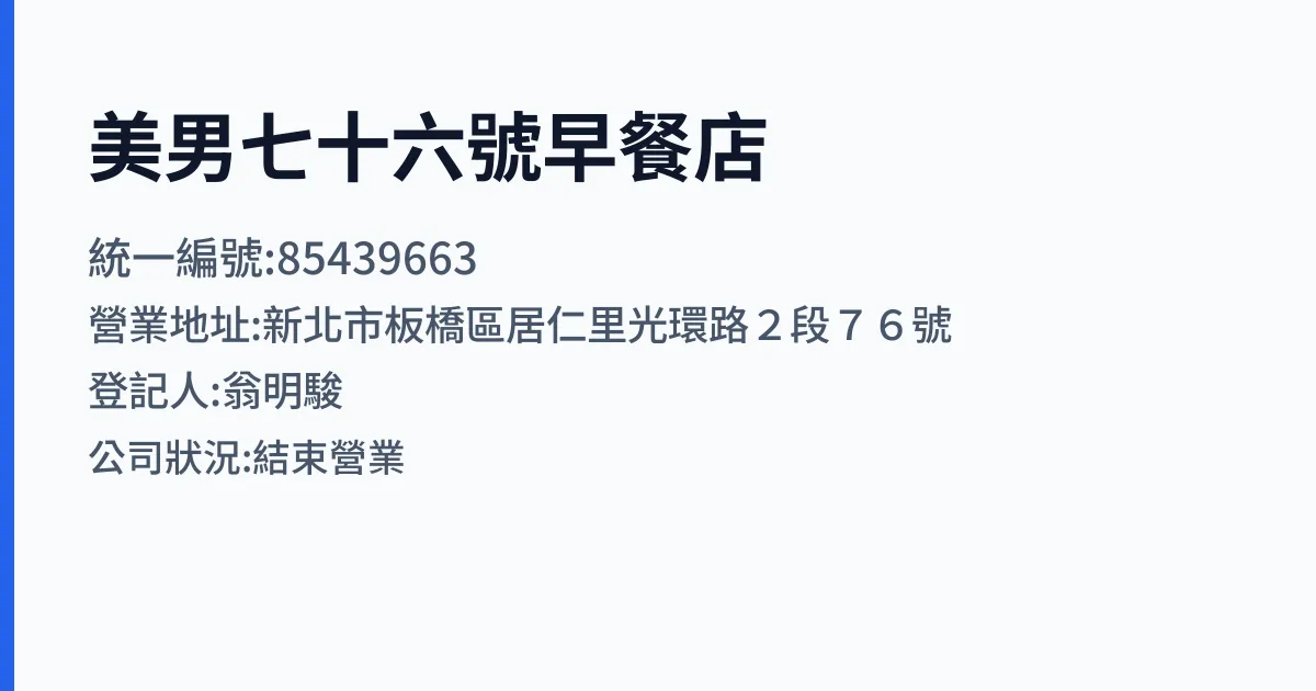 美男七十六號早餐店 - 統編 85439663(新北市) 公司登記資料與營業項目詳細圖表