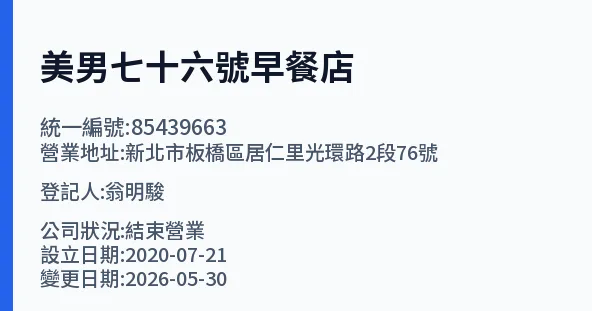 美男七十六號早餐店的照片-統編 85439663(新北市) 公司登記資料與營業項目詳細圖表
