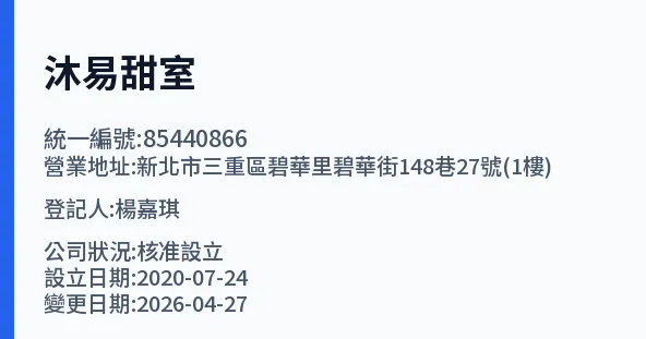 沐易甜室的照片-統編 85440866(新北市) 公司登記資料與營業項目詳細圖表